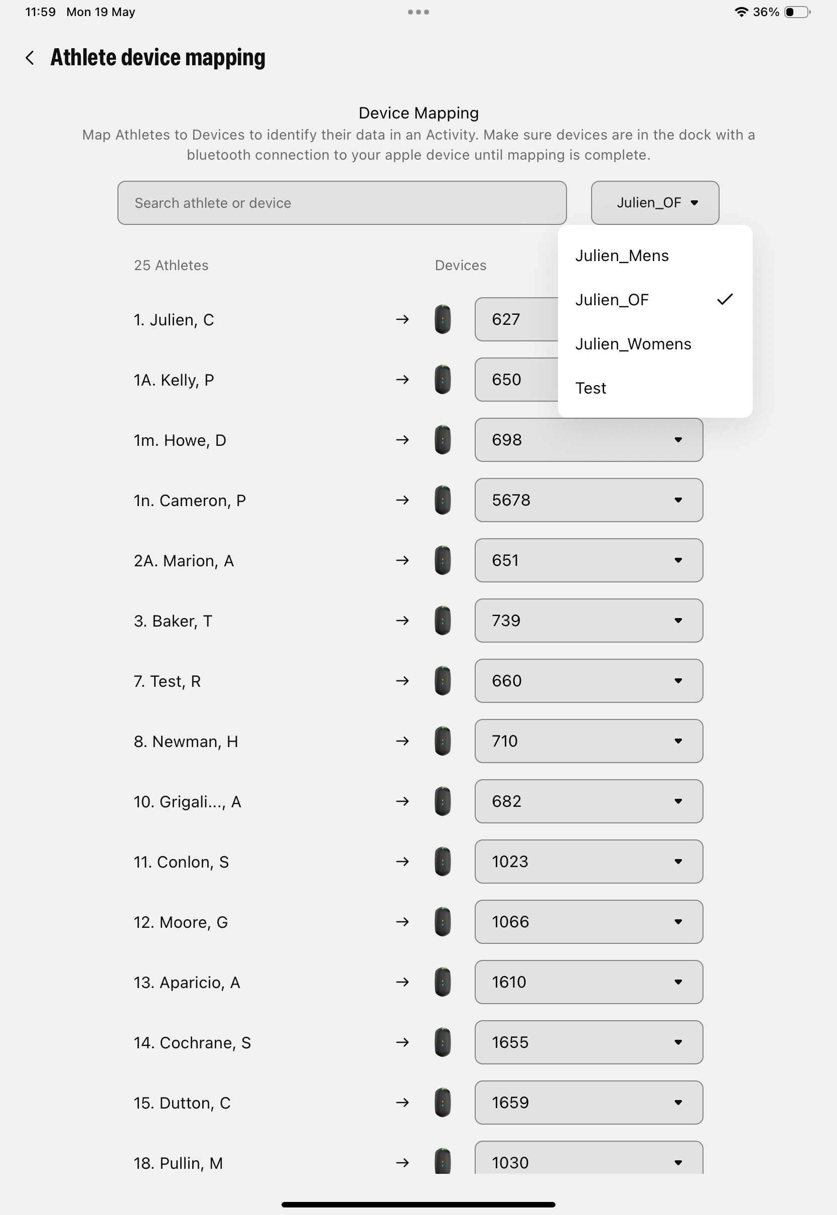Mapping Vector 8 Devices to Athletes – Catapult Support