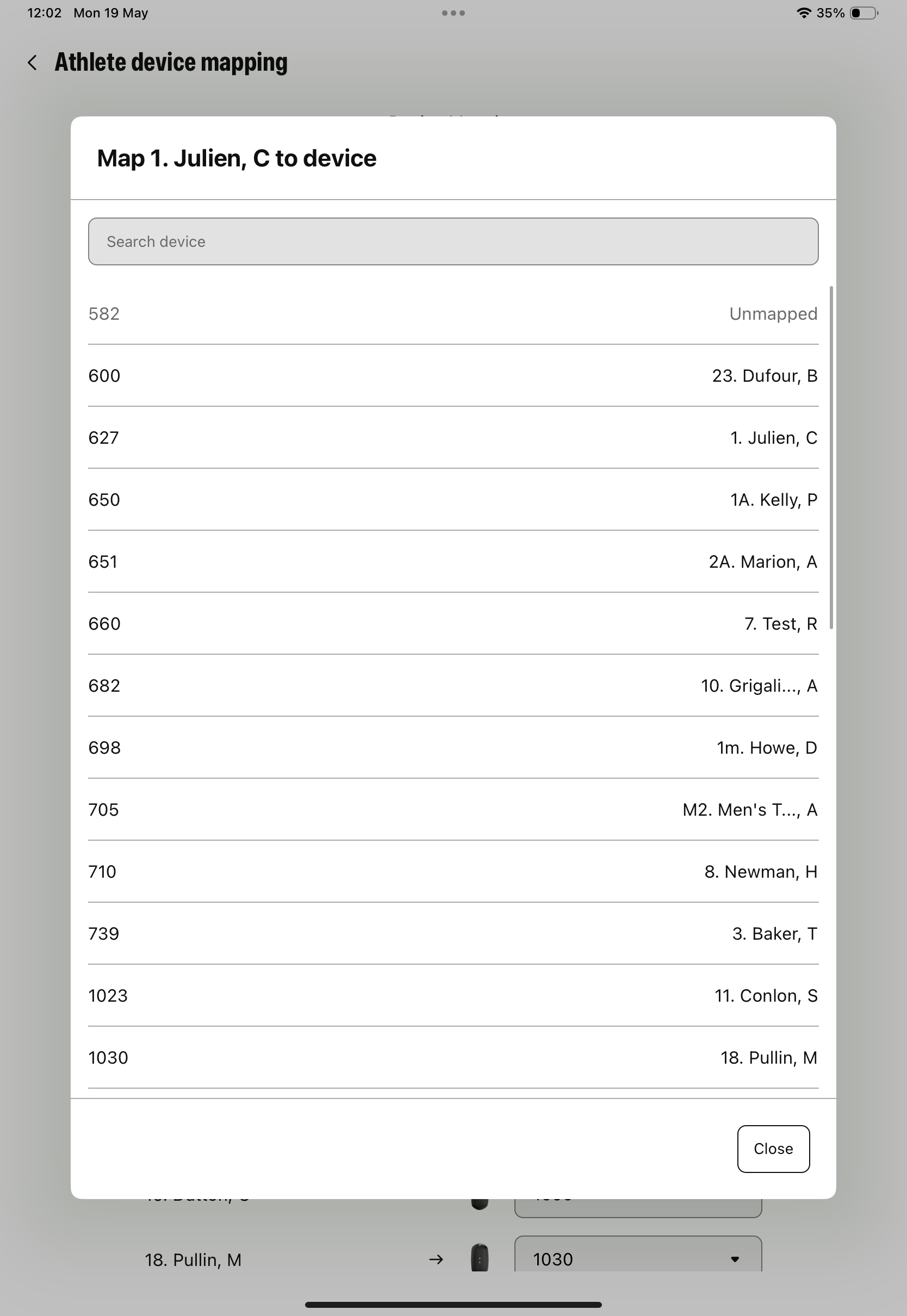 Mapping Vector 8 Devices to Athletes – Catapult Support
