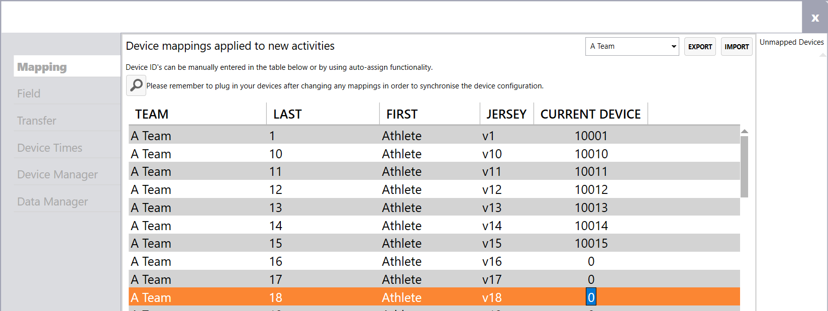 Mapping Vector 8 Devices to Athletes – Catapult Support