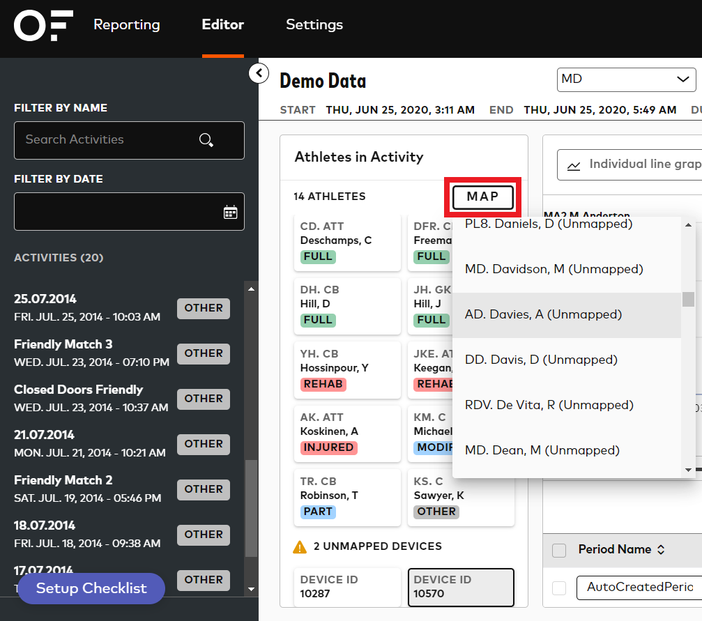 Assigning Devices to Athletes for a Specific Activity – Catapult Support